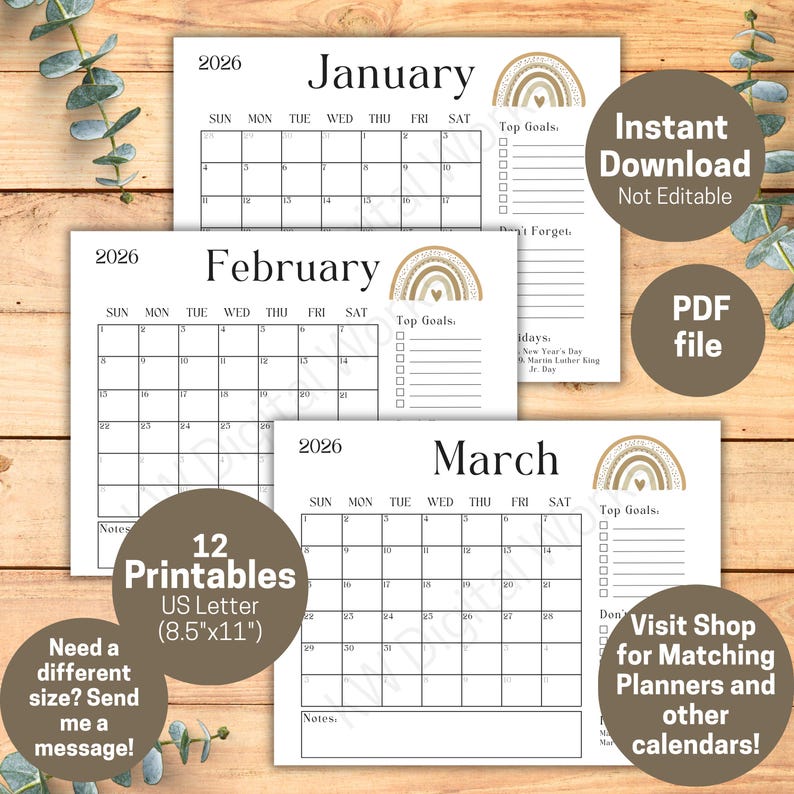 2026 Calendar With Federal Holidays | 12 Month Boho Rainbow Printable ...