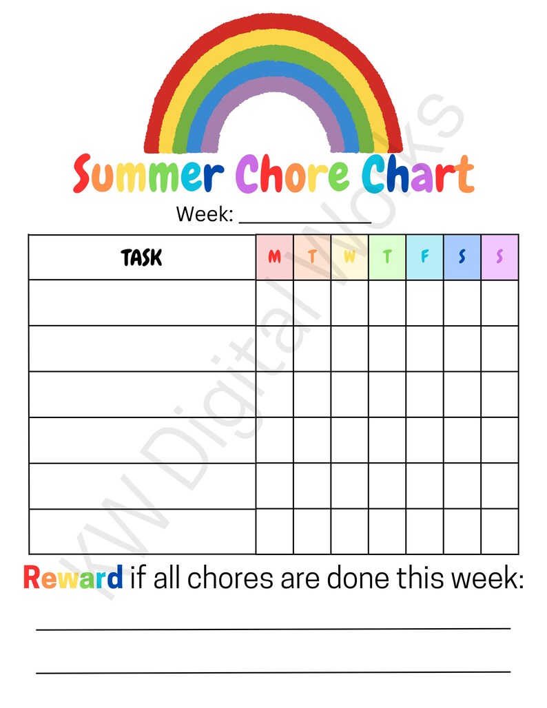 Editable Summer Chore Chart for Kids | Printable Rainbow Task Tracker ...
