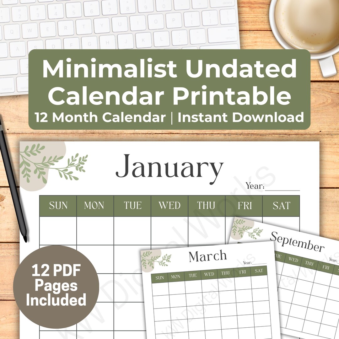 Printable Undated Calendar: 12 Page Minimalist Sage Green Monthly ...