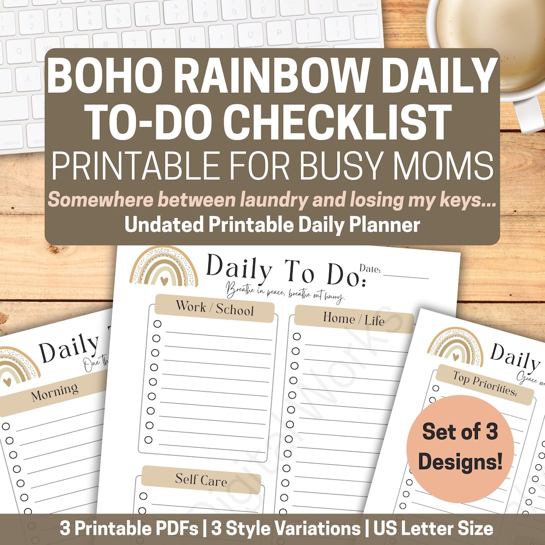 Boho Rainbow Daily To-do Checklist Printable for Busy Moms | Undated ...