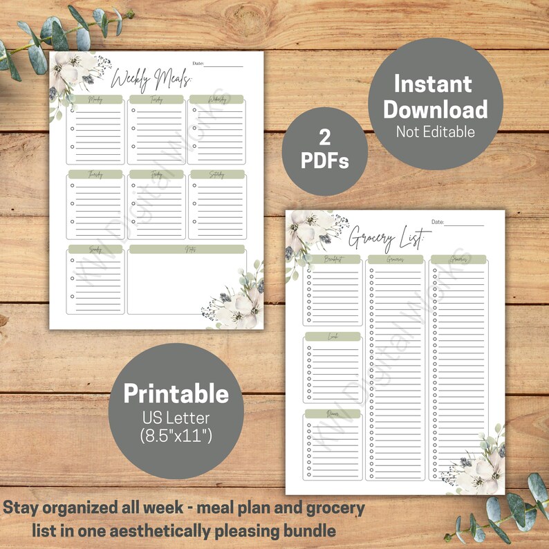 Meal & Grocery Planner Printable Bundle | Floral Weekly Meal Plan and ...