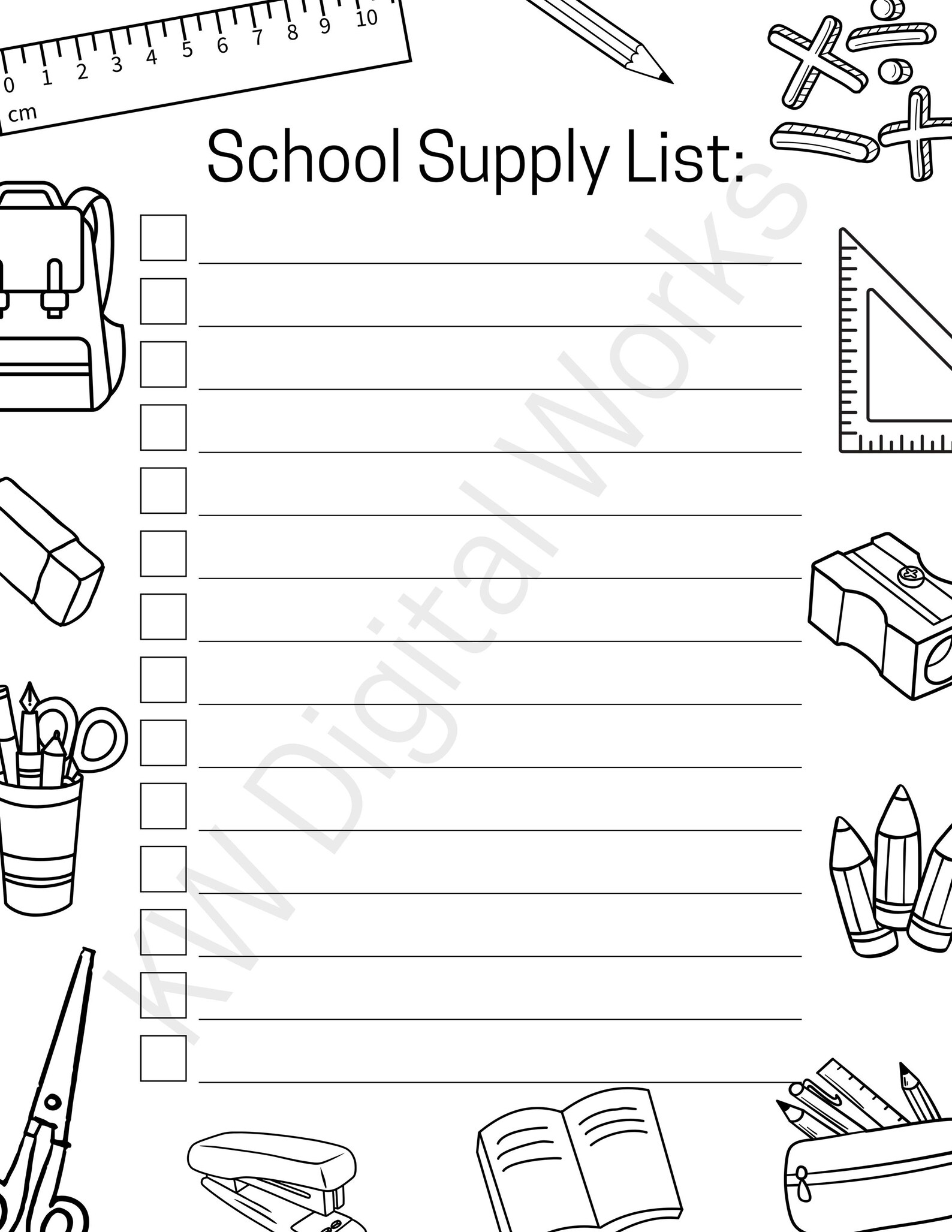 School Supply List Printable | Color and B&W Coloring Page Bundle ...