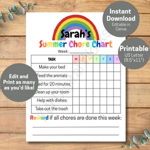 Editable Summer Chore Chart for Kids | Printable Rainbow Task Tracker ...