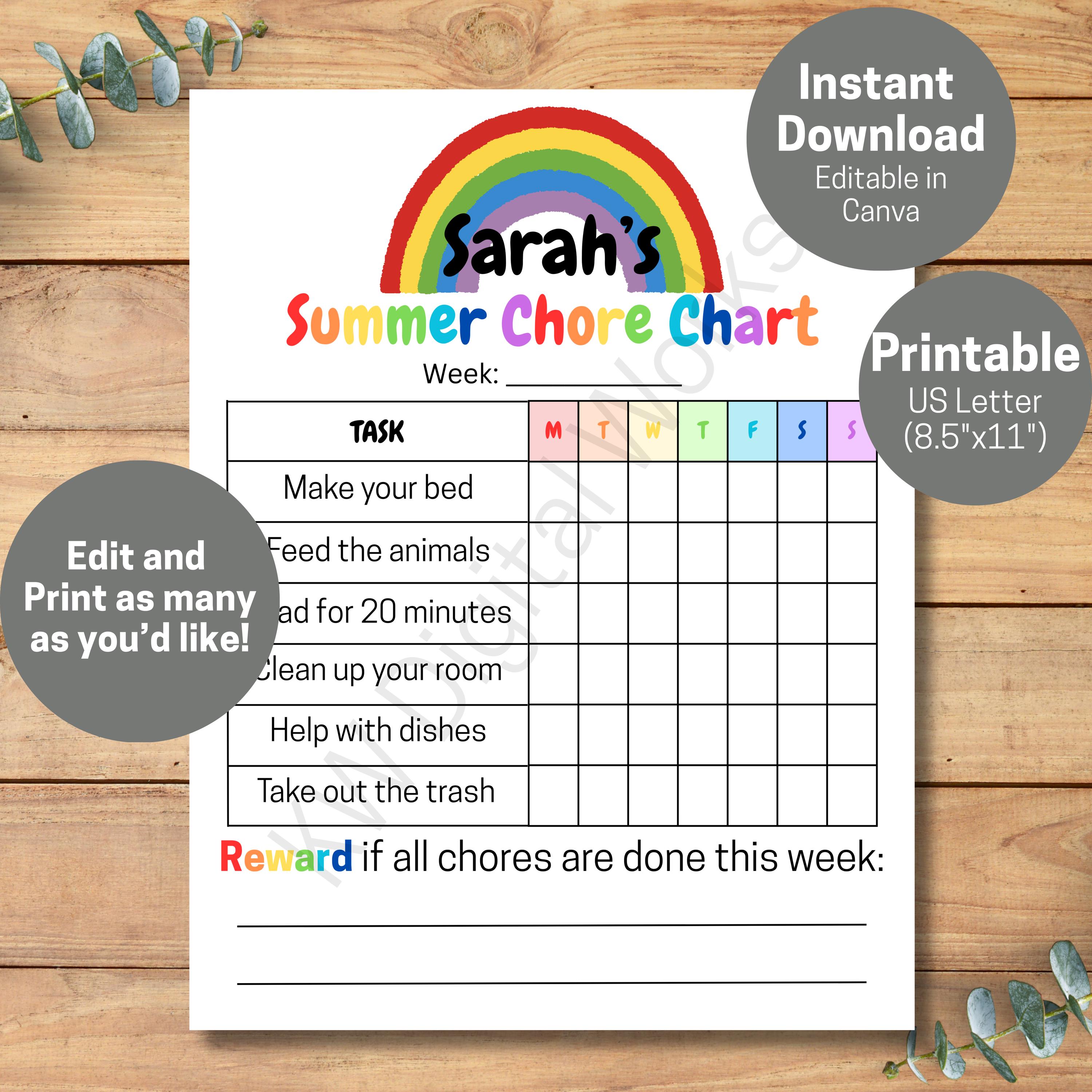Editable Summer Chore Chart for Kids | Printable Rainbow Task Tracker ...