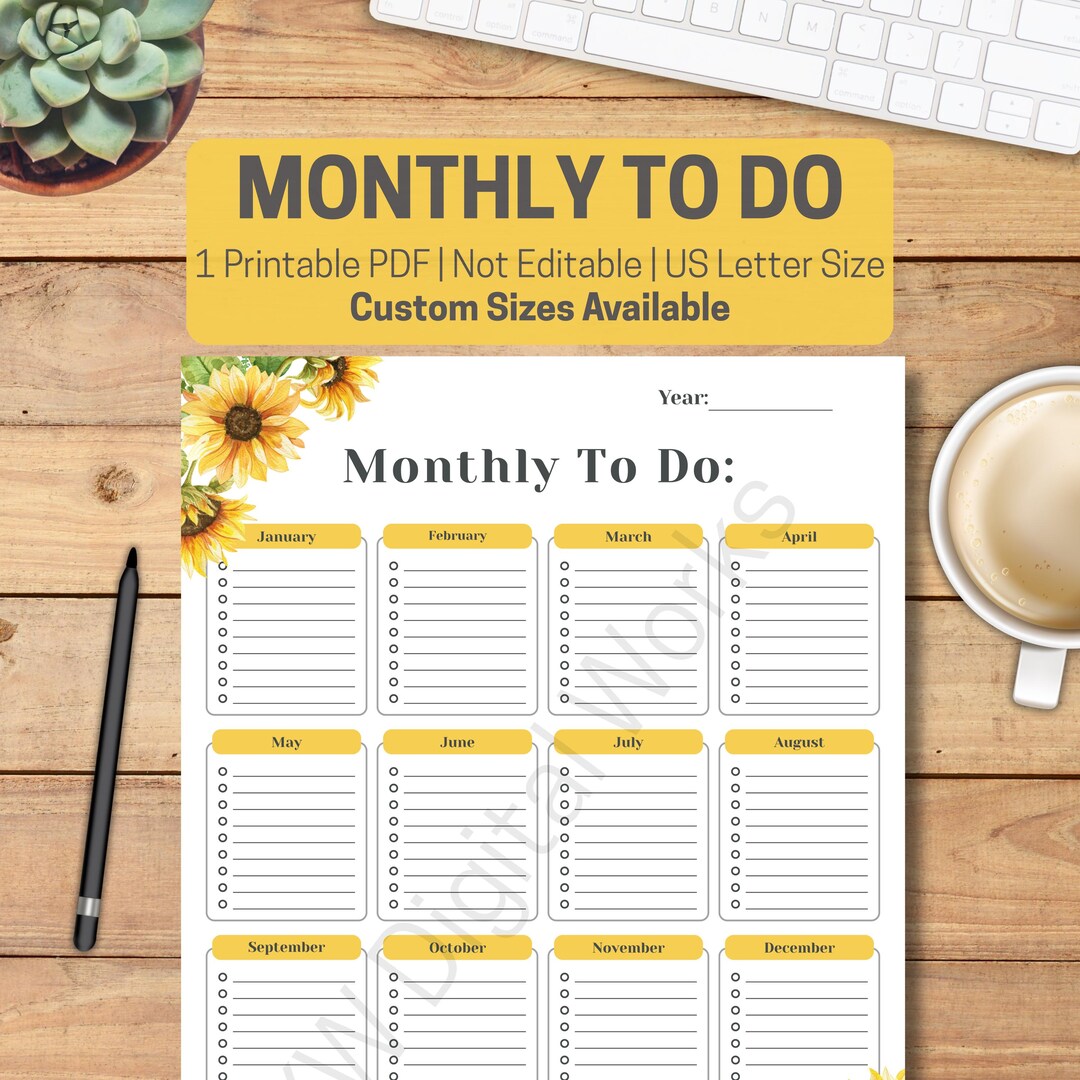 Sunflower To-do List Printable: Undated Monthly Planner (digital ...