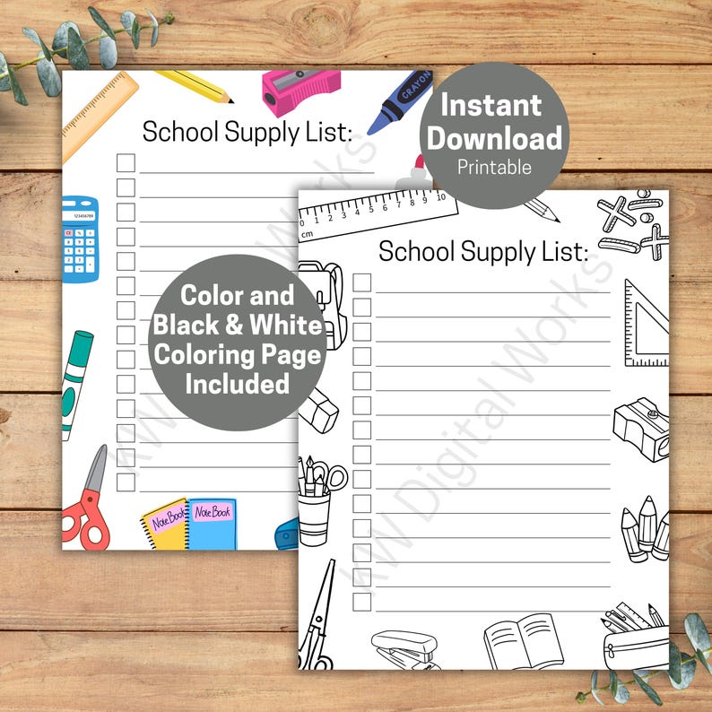 School Supply List Printable | Color and B&W Coloring Page Bundle ...
