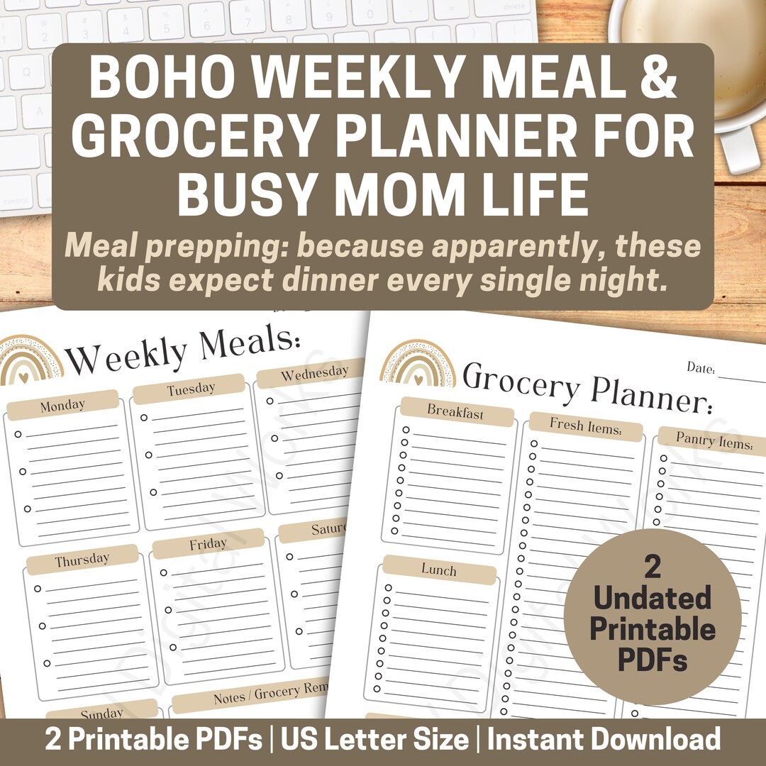Boho Weekly Meal & Grocery Planner Printable | Busy Mom Meal Prep ...