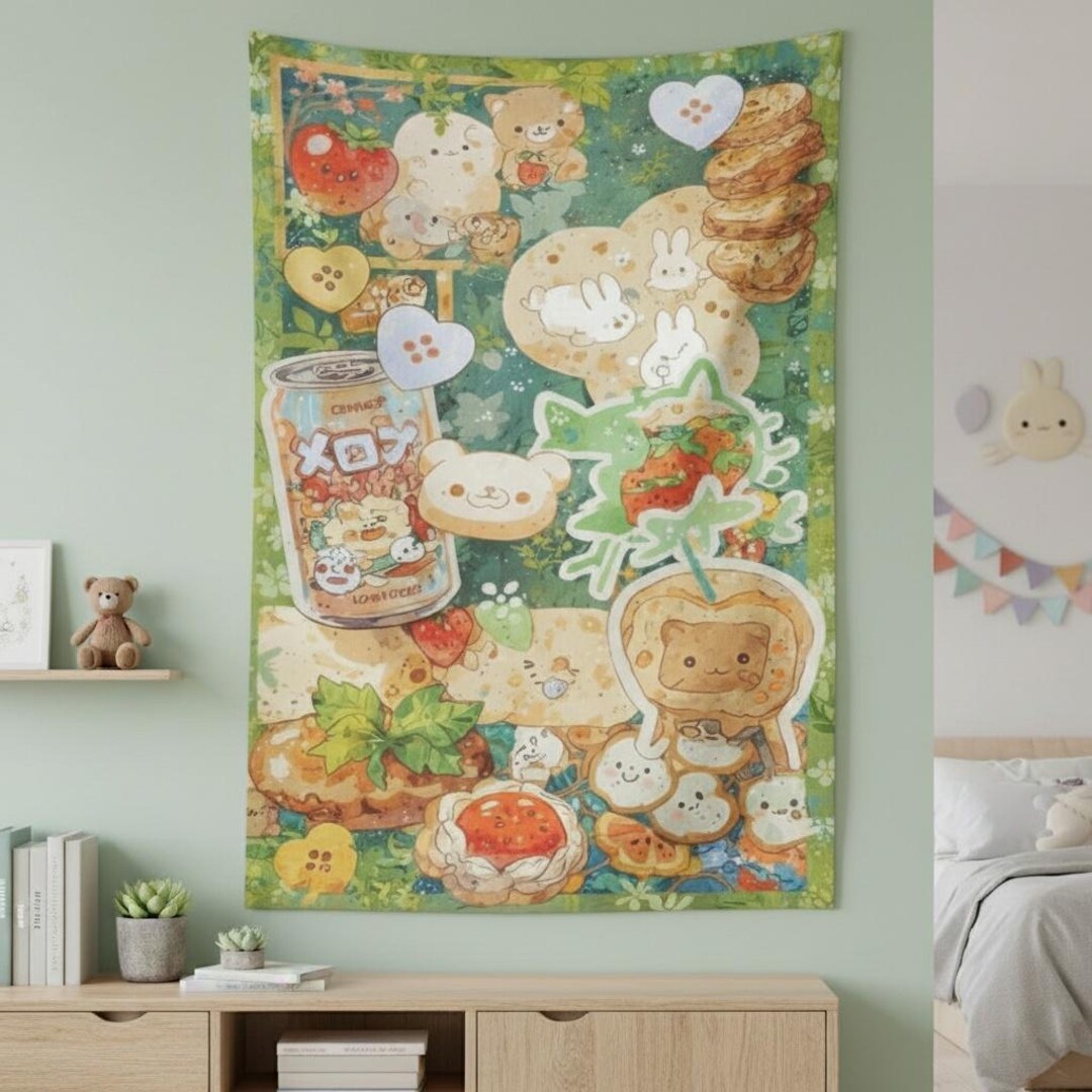 Cute Food Collage Tapestry,cute Anime Style Wall Hanging With Rilakkuma ...