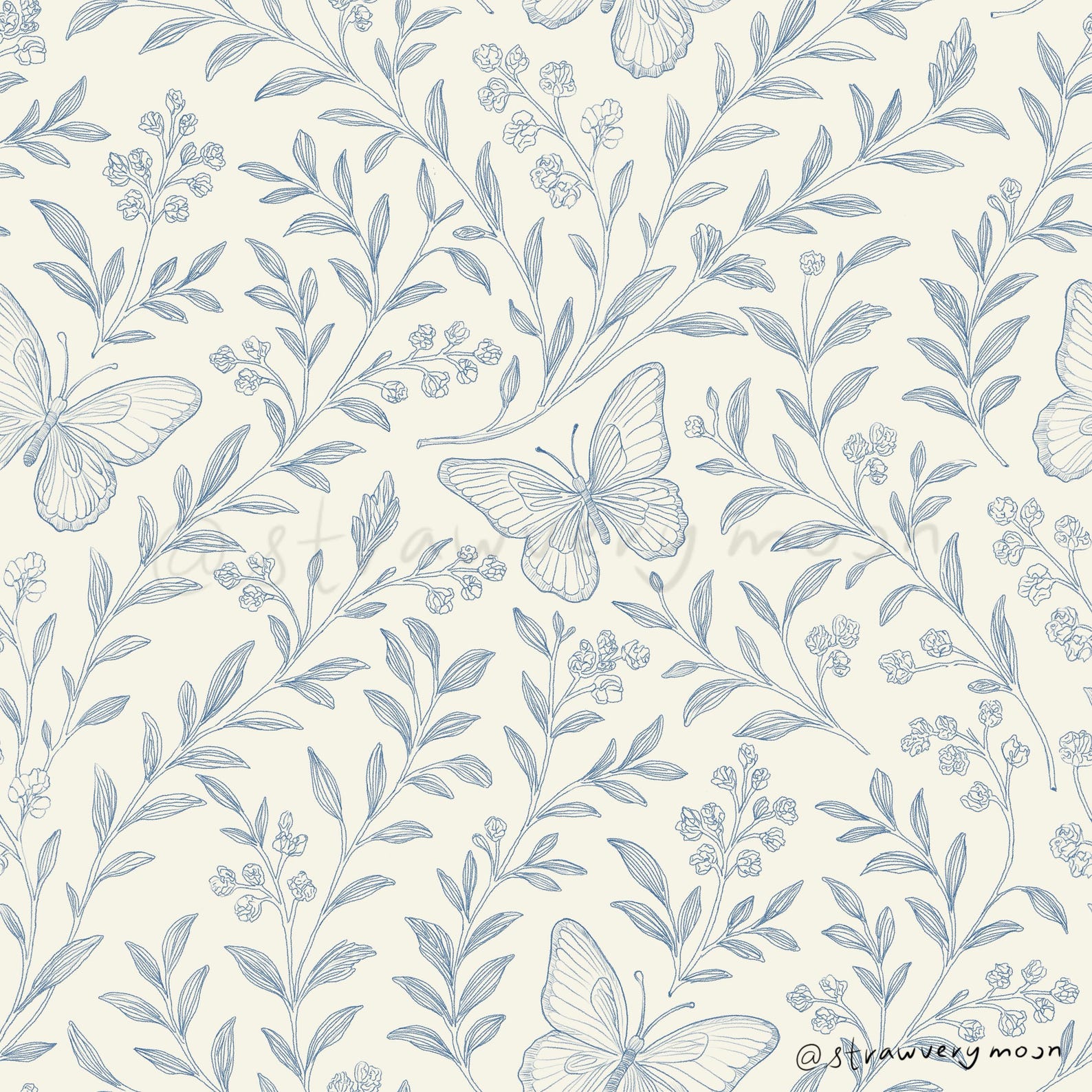 Hand-drawn Blue Butterfly Floral Pattern, Vintage Botanical Seamless ...