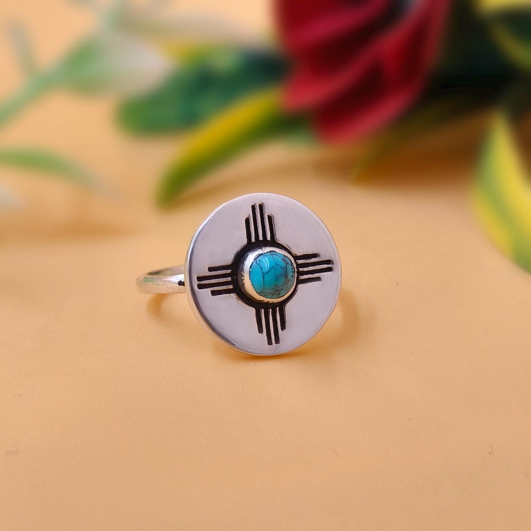 Round Zia Symbol Ring / Native Inspired Turquoise Rings / Handmade Zia ...