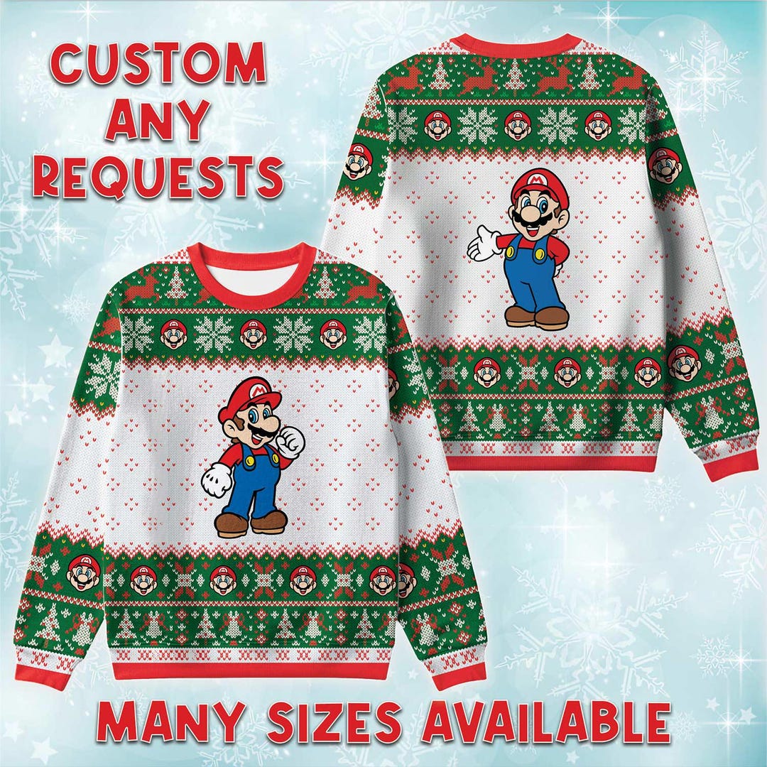 Mario Says Hello Ugly Christmas Sweater, Super Bros Retro Holiday ...