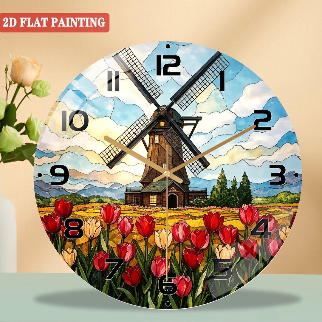 Windmill Tulip Glass Wall Clock, Rustic Farmhouse Dutch Countryside ...