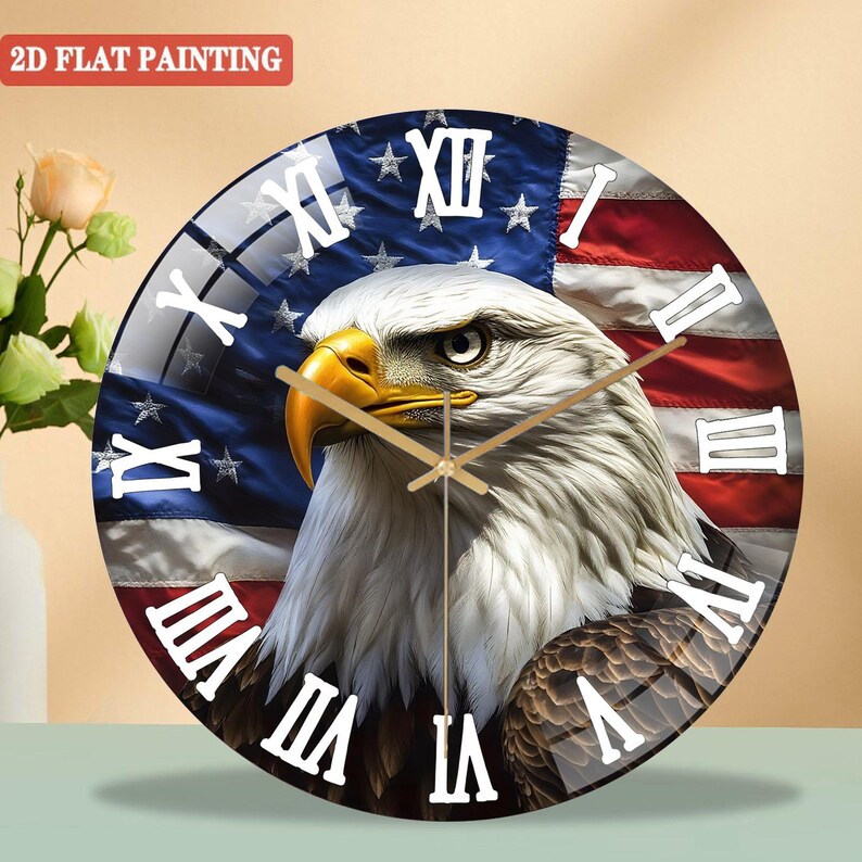 Bald Eagle American Flag Glass Clock: Silent Patriotic Decor for ...