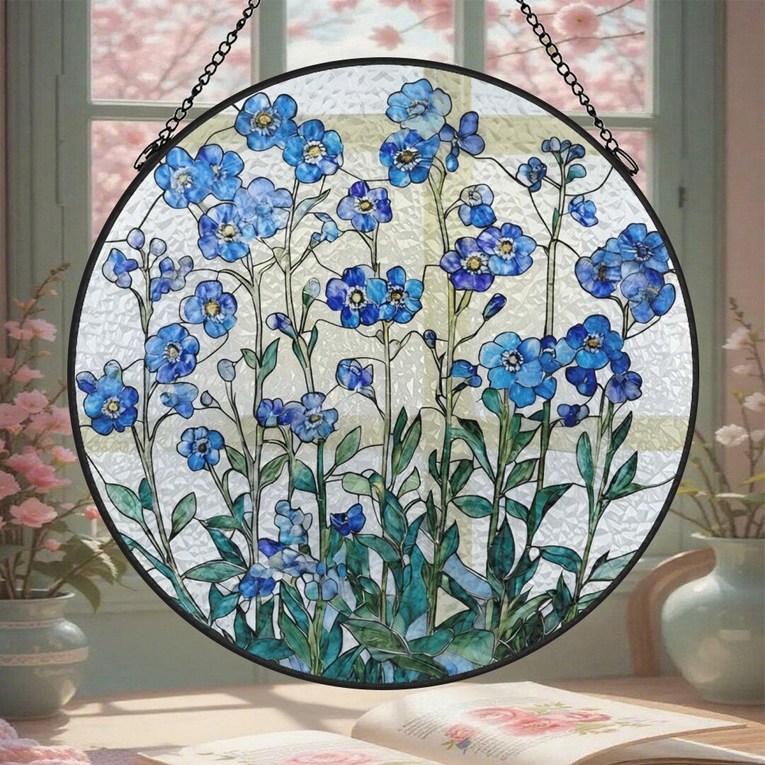 Forget-me-not Stained Glass Suncatcher, Round Blue Floral Window ...