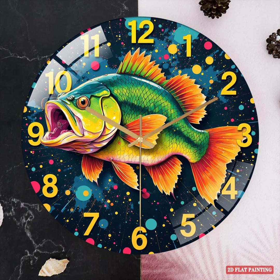 Bass Fishing Glass Wall Clock, Silent Fishing Clock, Fisherman Cabin ...