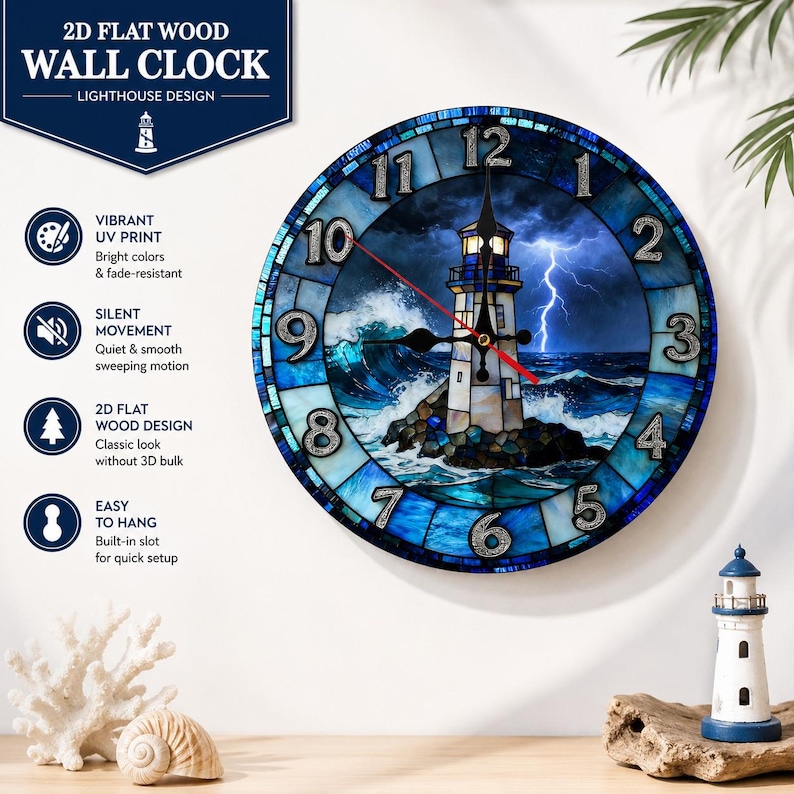 Lighthouse Storm Scene Wood Wall Clock: Silent Movement, Coastal Decor ...
