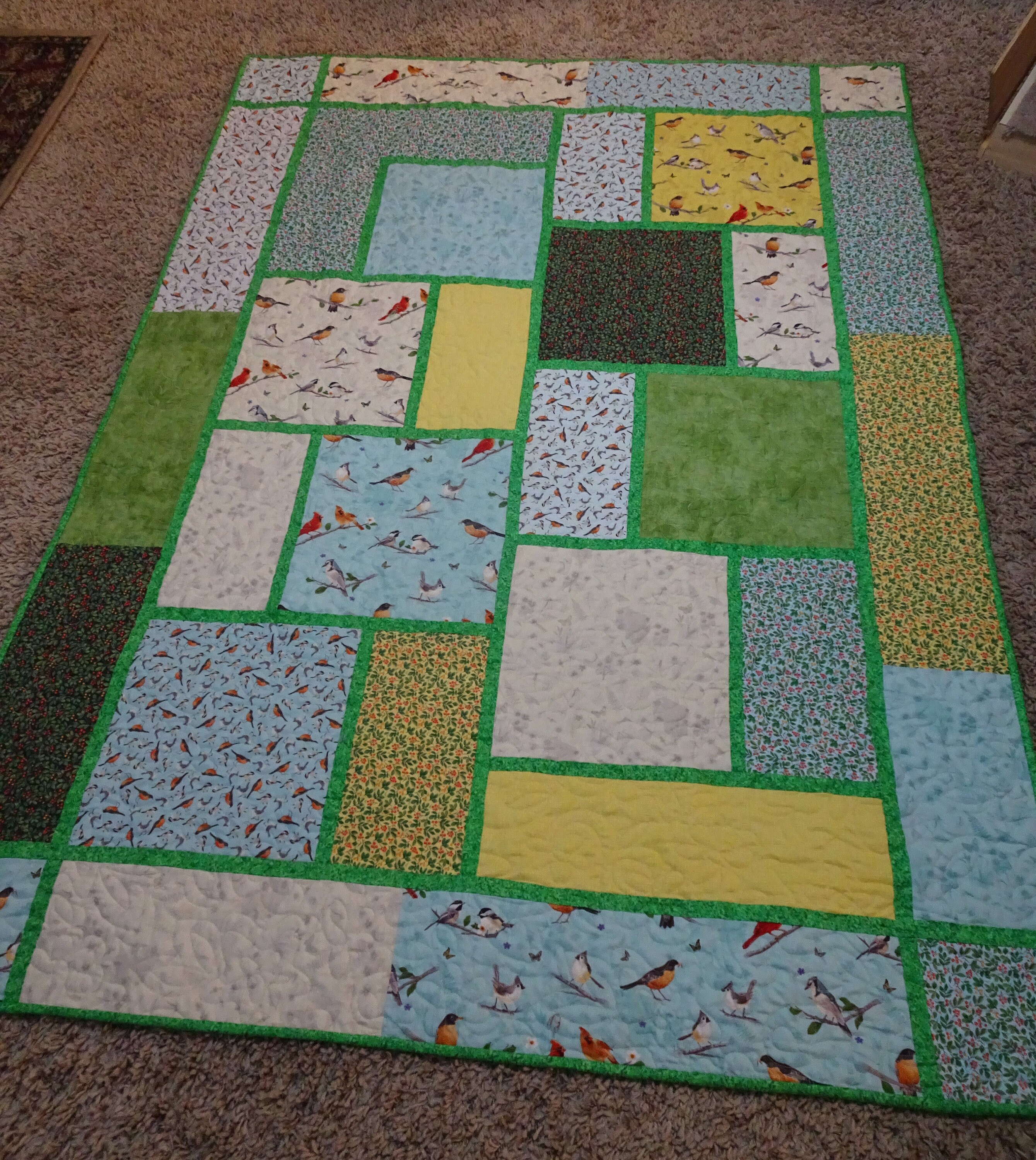 Birds and Berries Big Block Patchwork Lap Quilt Blue Green | Etsy