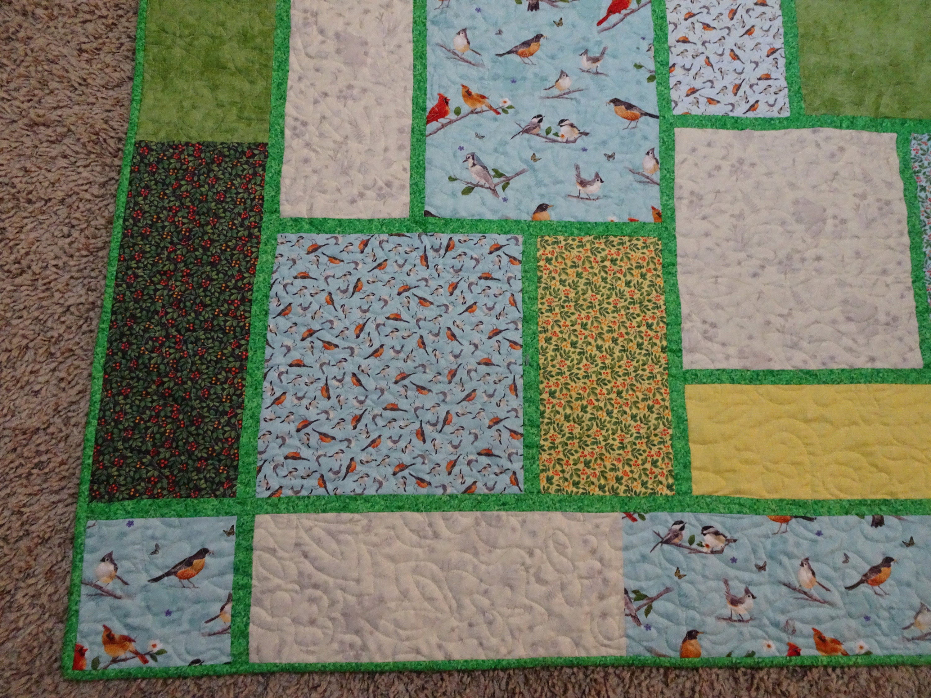 Birds and Berries Big Block Patchwork Lap Quilt Blue Green | Etsy