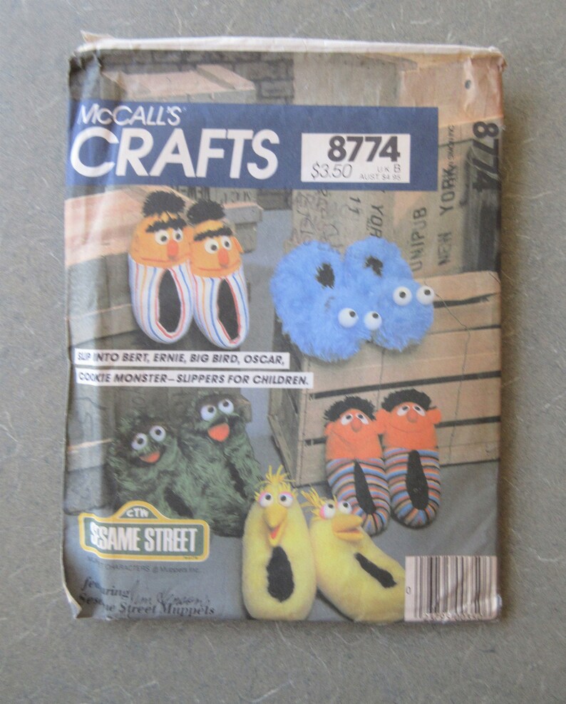 Children's Muppet Slippers Pattern, Vintage Mccall's 8774 Pattern, Bert ...