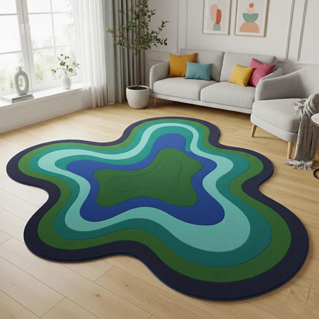 Abstract Blob Rug: Green & Blue Tufted Wavy Carpet - Etsy