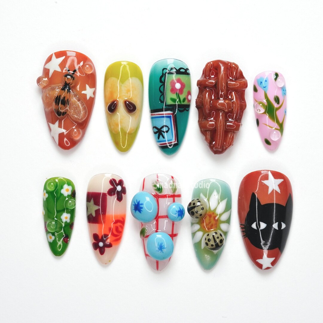 Eclectic Art Collage Press on Nails, Abstract Bug Nails, Whimsical Cat ...