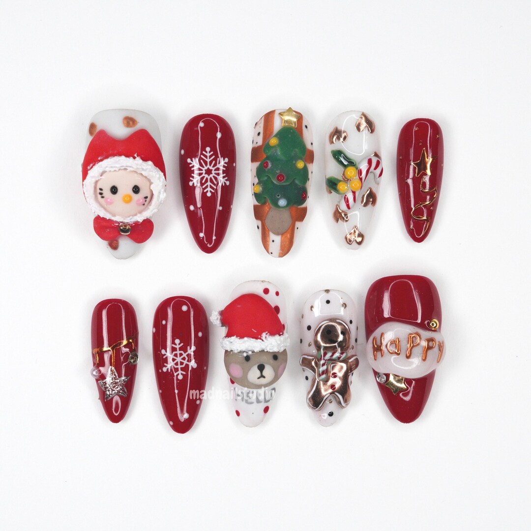 Christmas Bear Holiday Press on Nails, 3D Christmas Nails, Cute Holiday ...