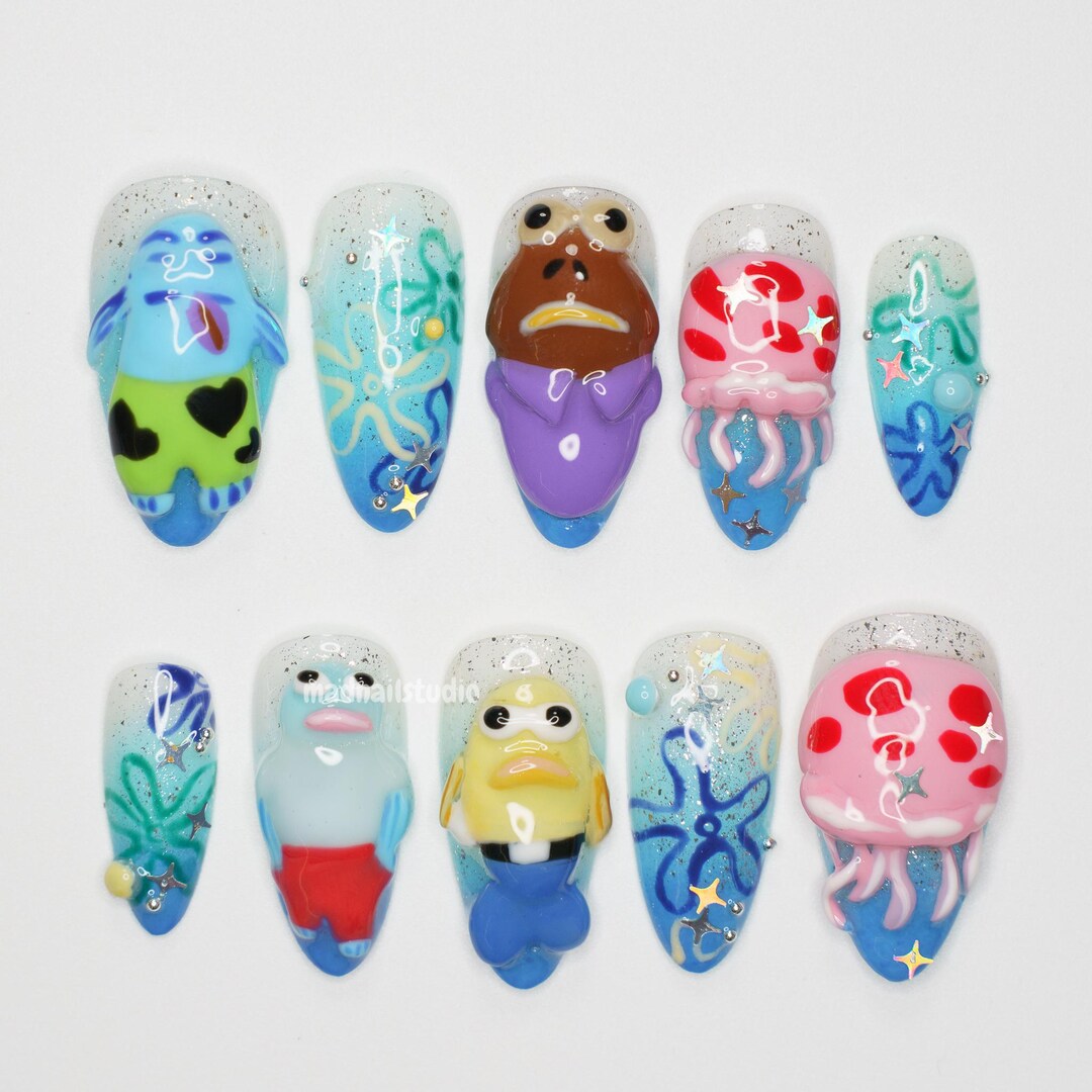 Ocean Sea Creatures Press on Nails, 3D Jellyfish Octopus Whale Art With ...