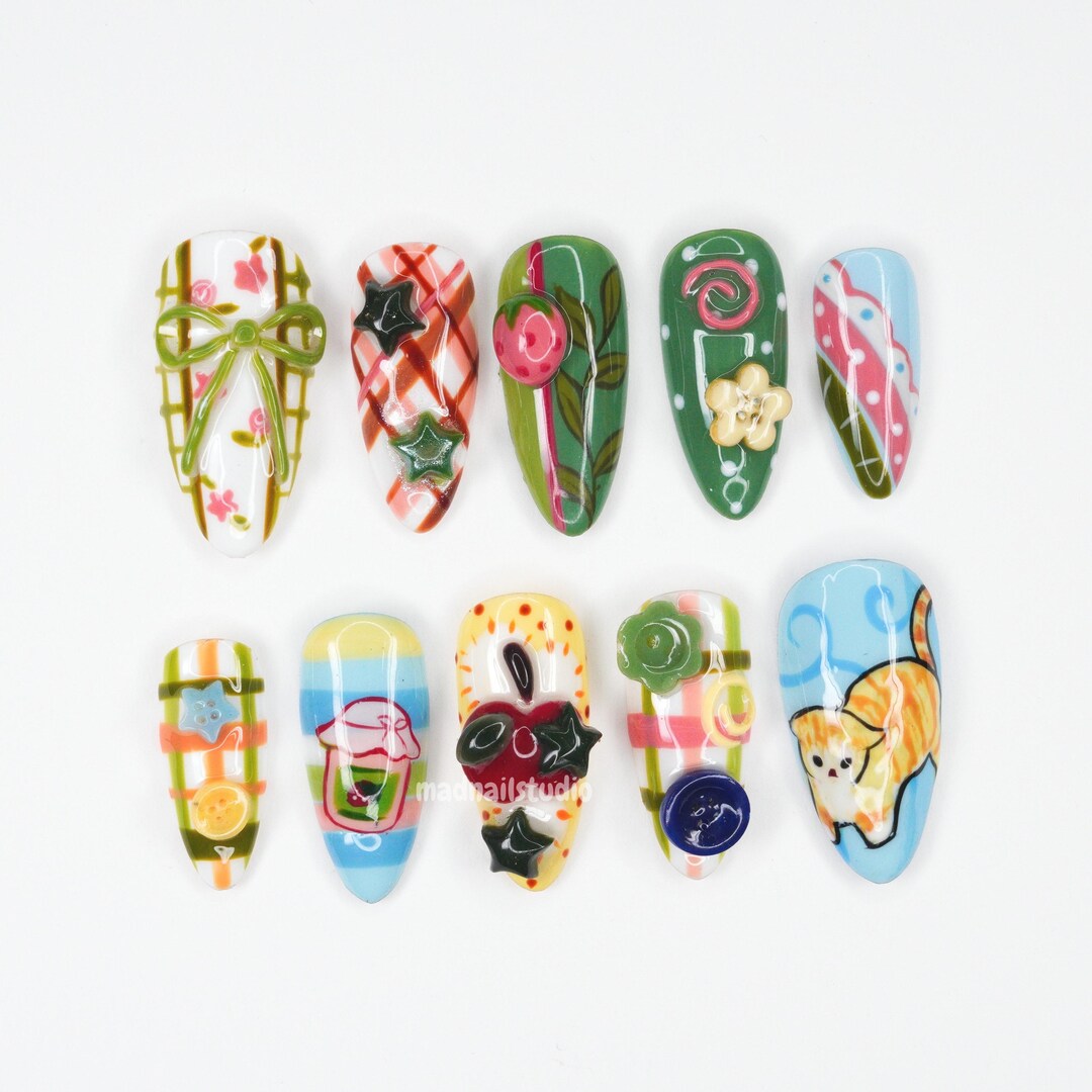 Whimsical Cottagecore Press on Nails, 3D Floral Nail Art, Cute Cat ...