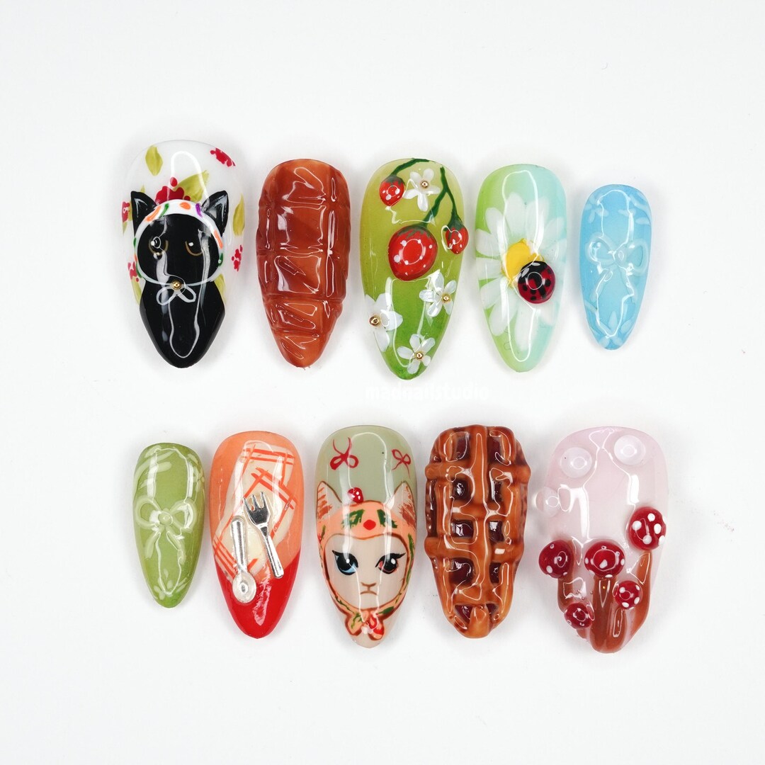 Cottagecore Cat Picnic Press on Nails, 3D Waffle & Cherry Nail Art ...