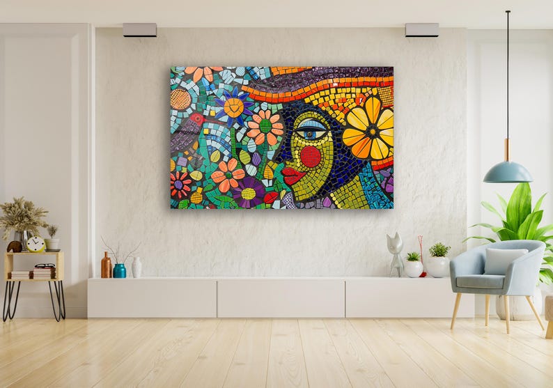 Floral Mosaic Woman Glass Wall Art – Cubism Colorful Feminine Face With ...