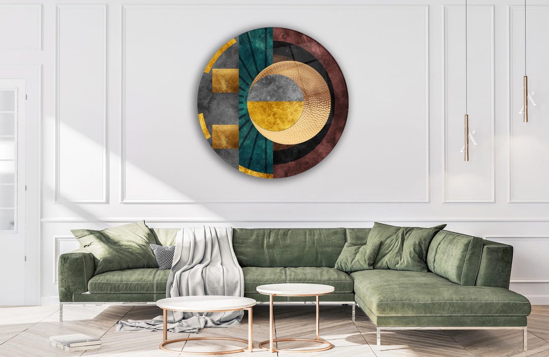 Modern Geometric Circle Wall Art – Round Abstract Gold Glass Panel ...