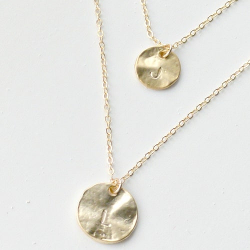 Disc Necklace GOLD Two Initials Discs Layered Long Necklace - Etsy