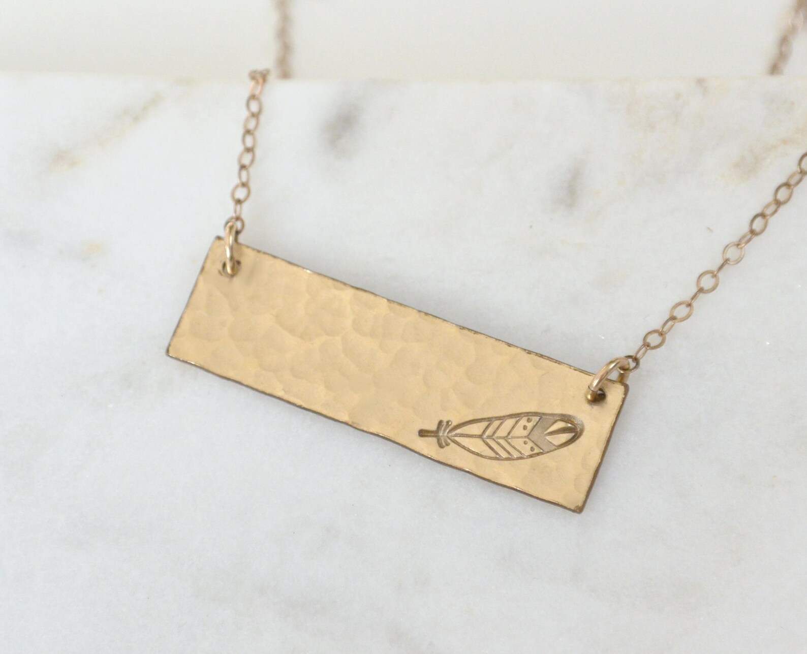 Hammered Wide Bar Necklace Custom Gold Bar Necklace Feather - Etsy