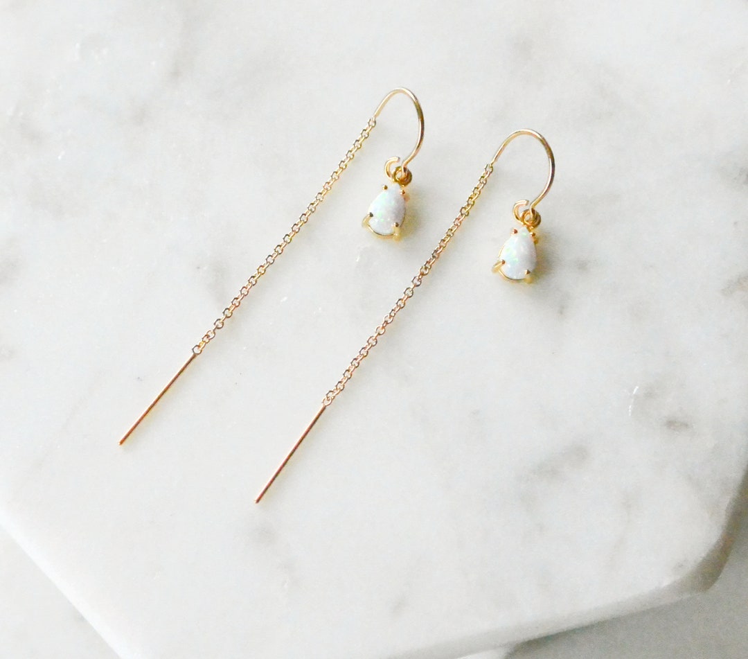 Opal Threader Earring, Gold Threader Earrings, Teardrop Opal Earrings, Celestial Earrings, Gold ...