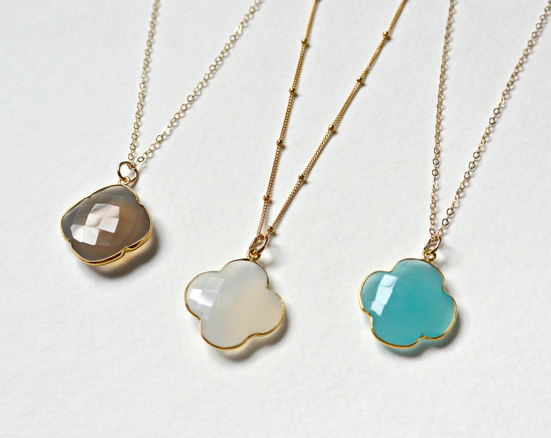 Gemstone Clover Necklace, Gold Necklace, Gemstone Necklace, Four Leaf ...