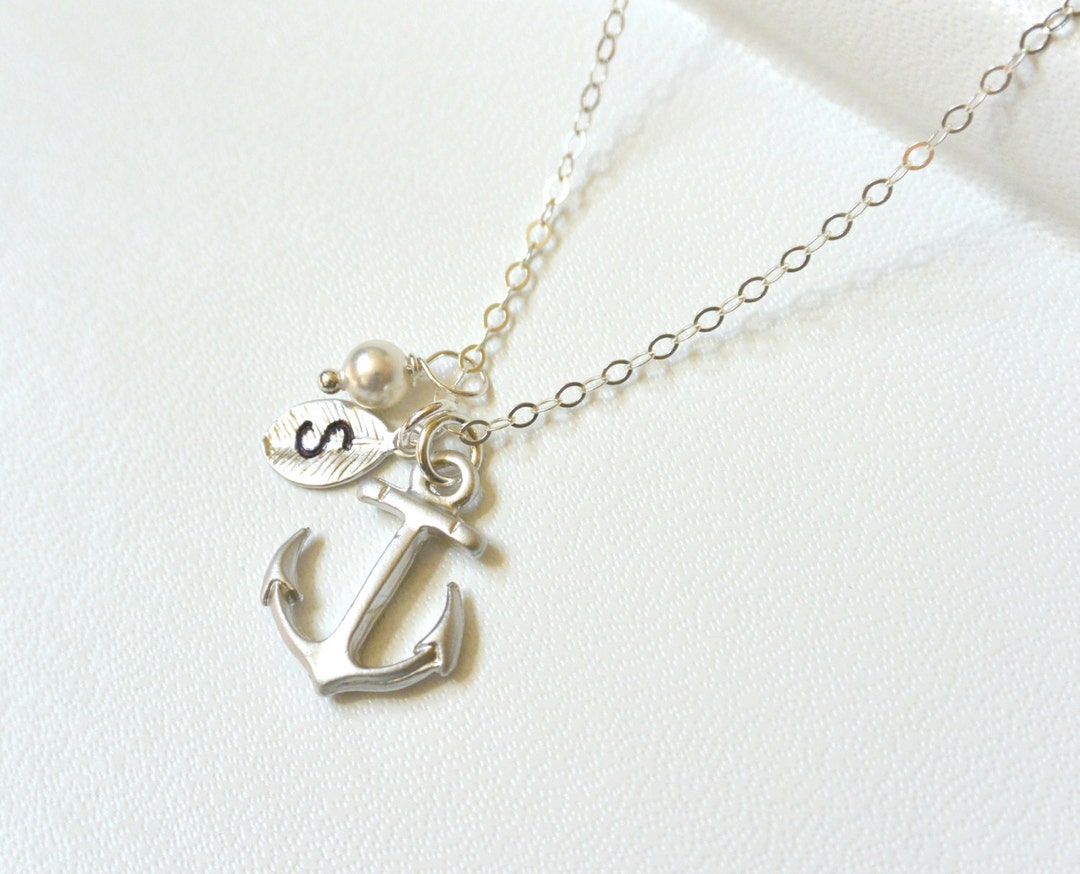 Silver Anchor Necklace, Personalized Anchor Hand Stamped Initial Leaf ...