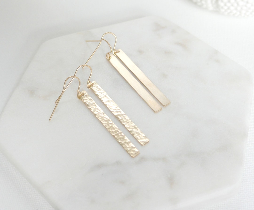 Hammered Bar Earrings, Bar Earrings, Dangle Simple Earrings, Gold Bar ...