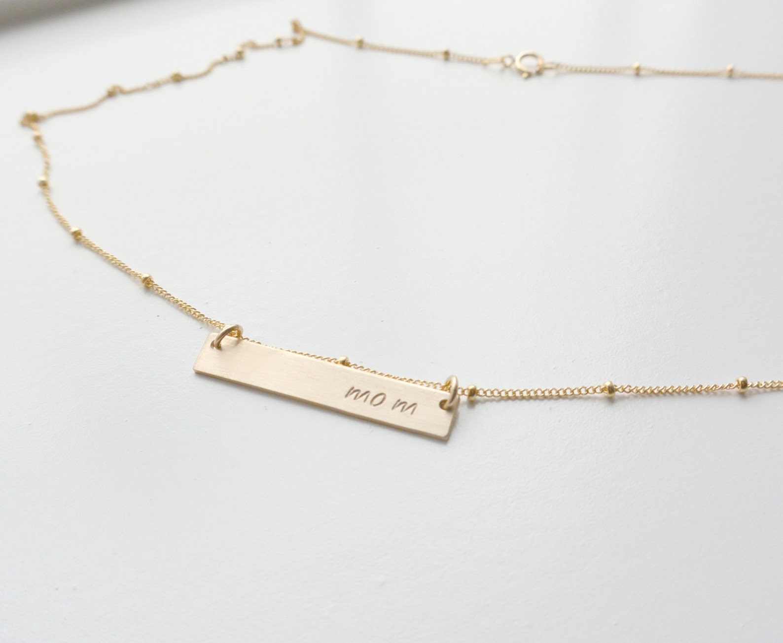 Gold Name Bar Necklace, Dainty Beaded Chain, Personalized Bar Necklace ...