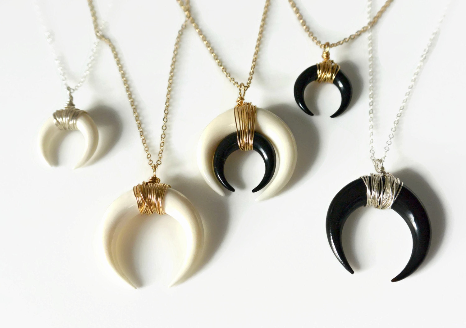 Double Horn Necklace Moon Necklace Black or White Bone Horn - Etsy