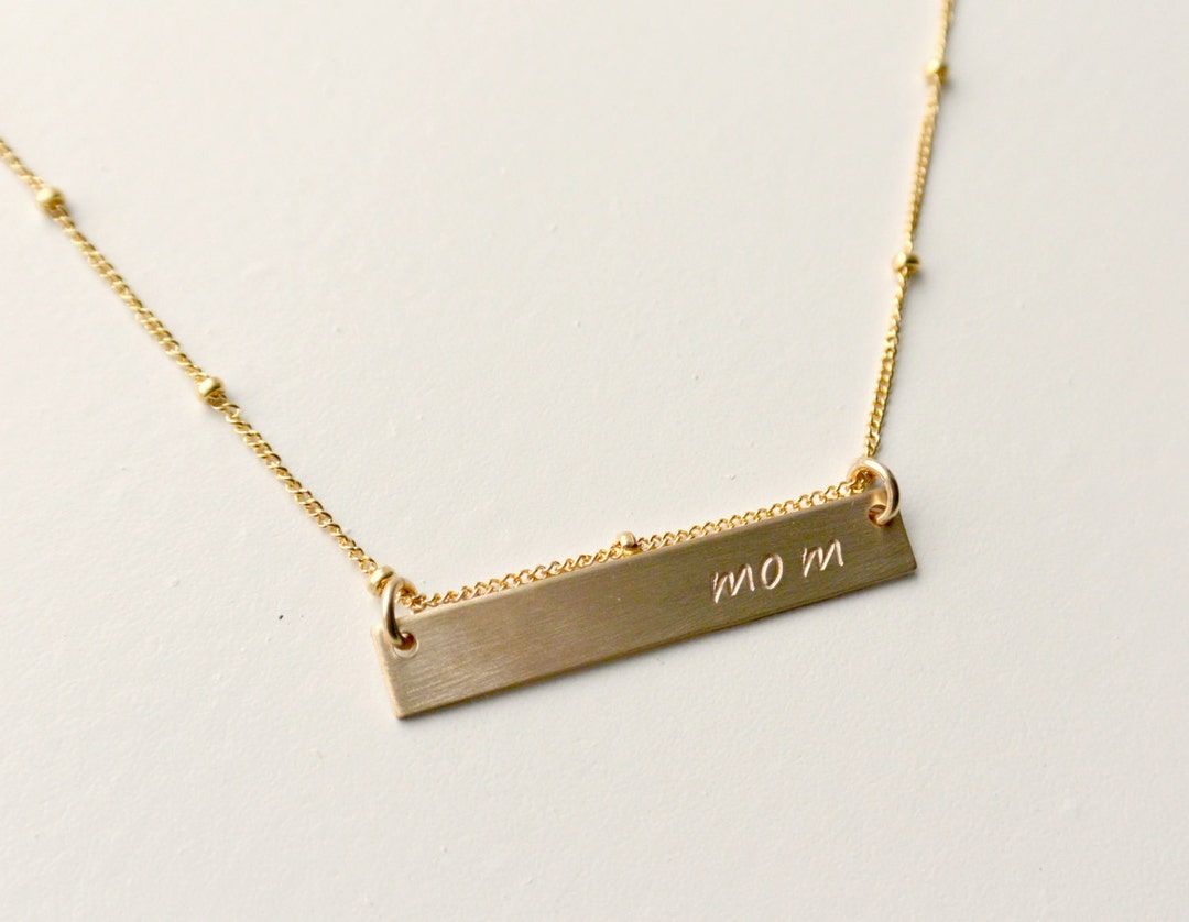 Gold Name Bar Necklace, Dainty Beaded Chain, Personalized Bar Necklace ...