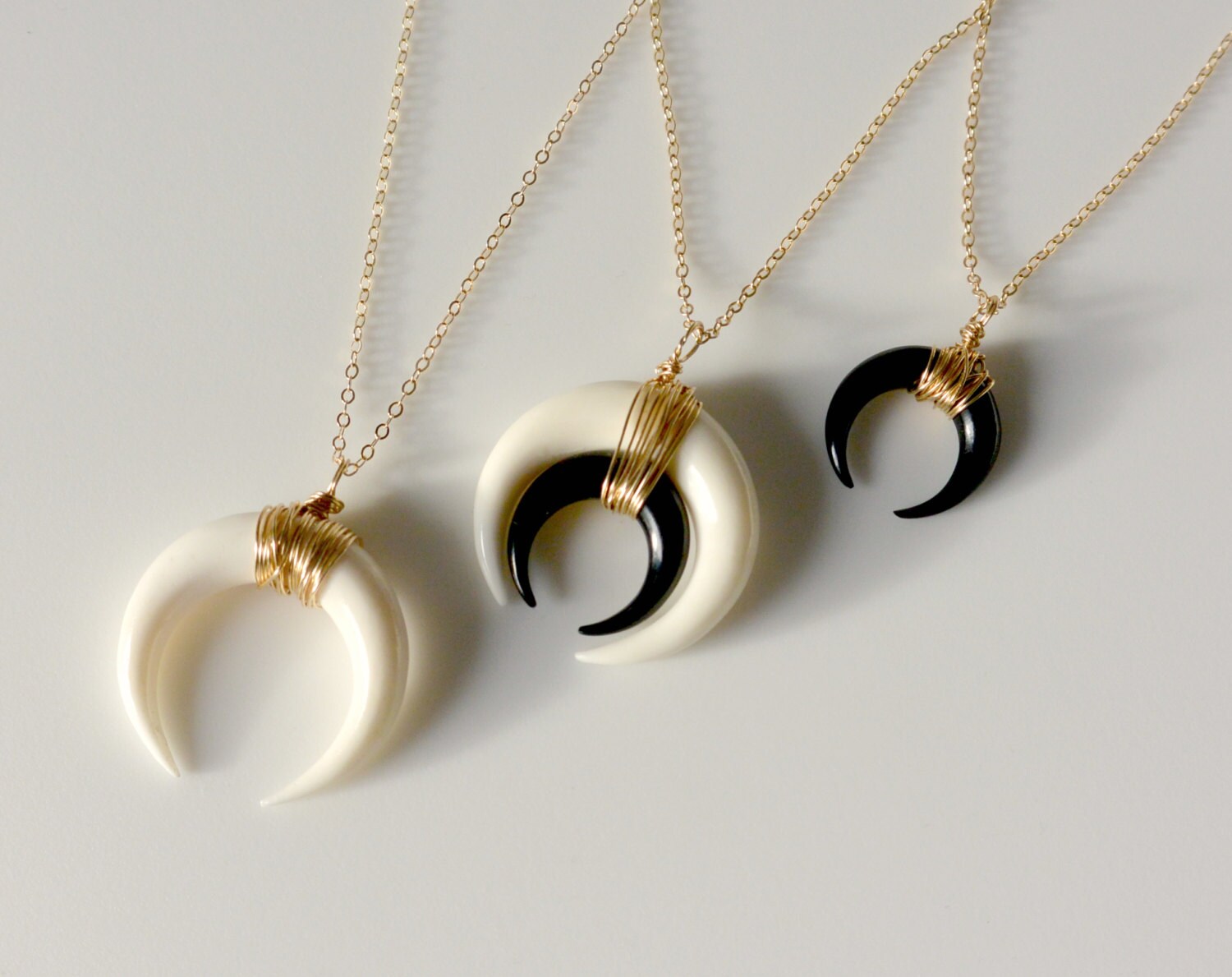 Bone Horn Necklace Double Horn Necklace Gold Crescent Moon | Etsy