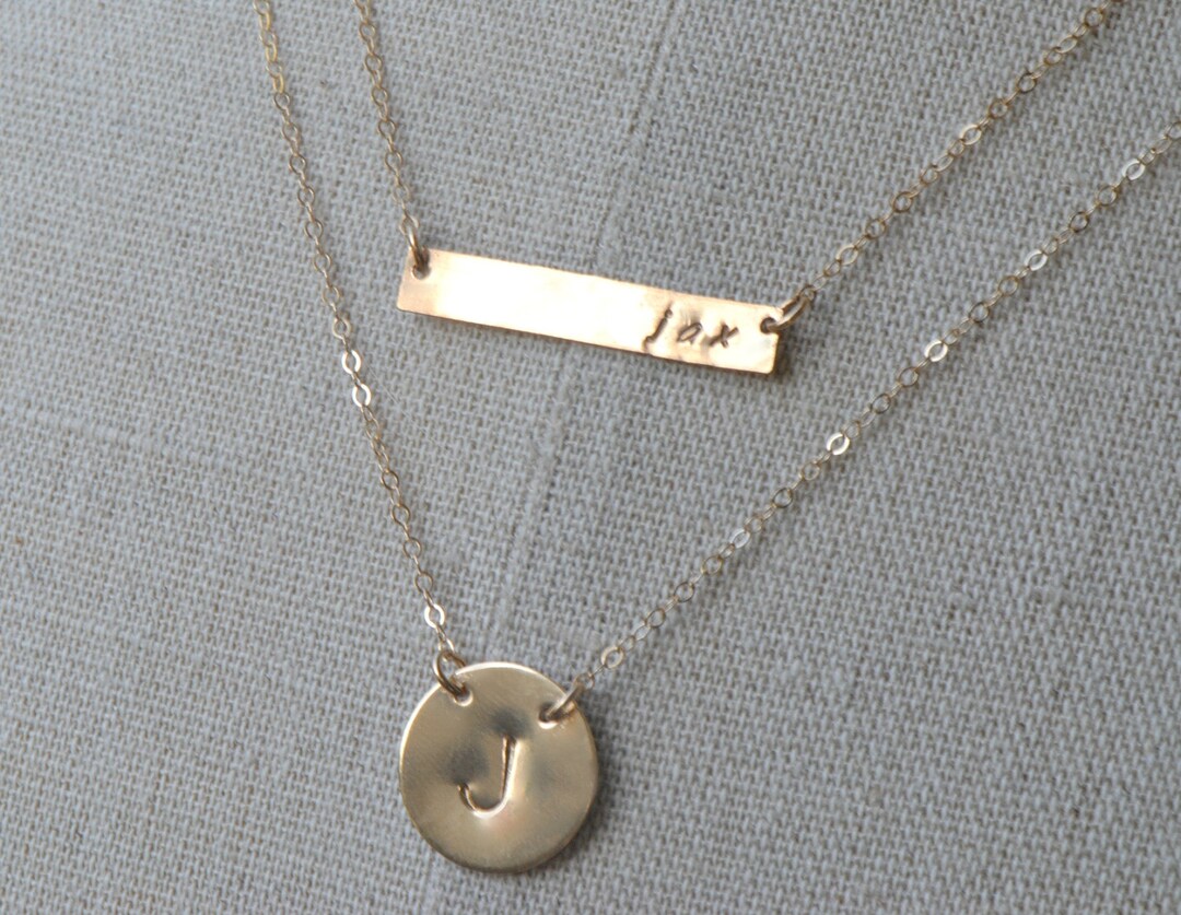 Gold Bar Layered Set, Gold Bar Necklace and Initial Disc Necklace ...