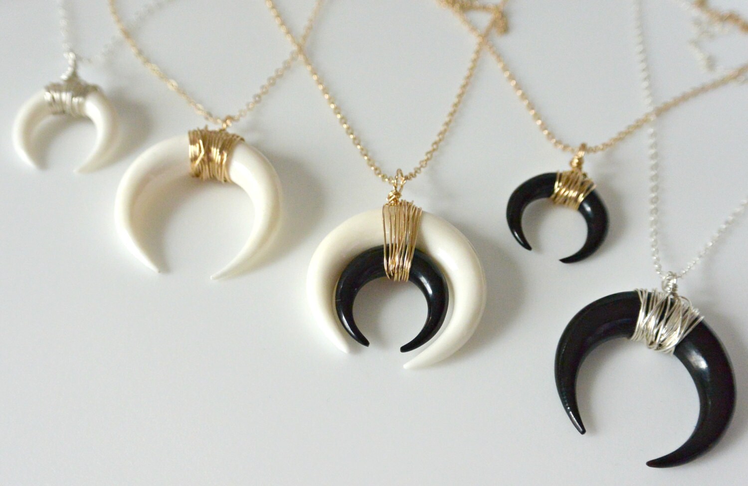 Double Horn Necklace Moon Necklace Black or White Bone Horn - Etsy