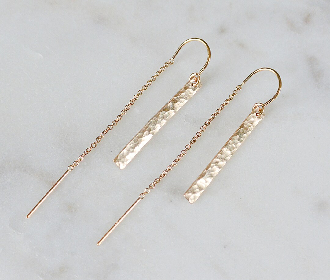 Long Chain Earrings, Hammered Bar Threader Earrings, Dangle Earrings ...