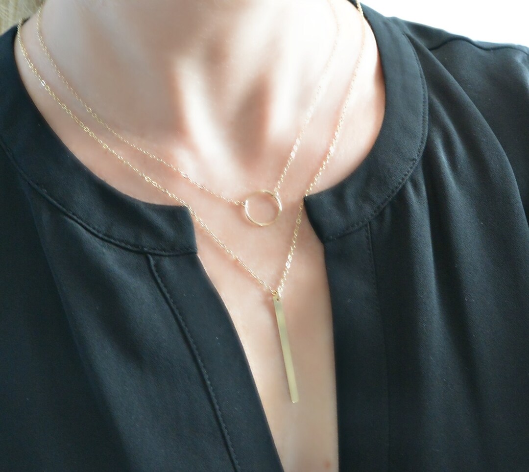 Delicate Layered Necklaces, Set of Two, Circle Necklace, Vertical Bar ...
