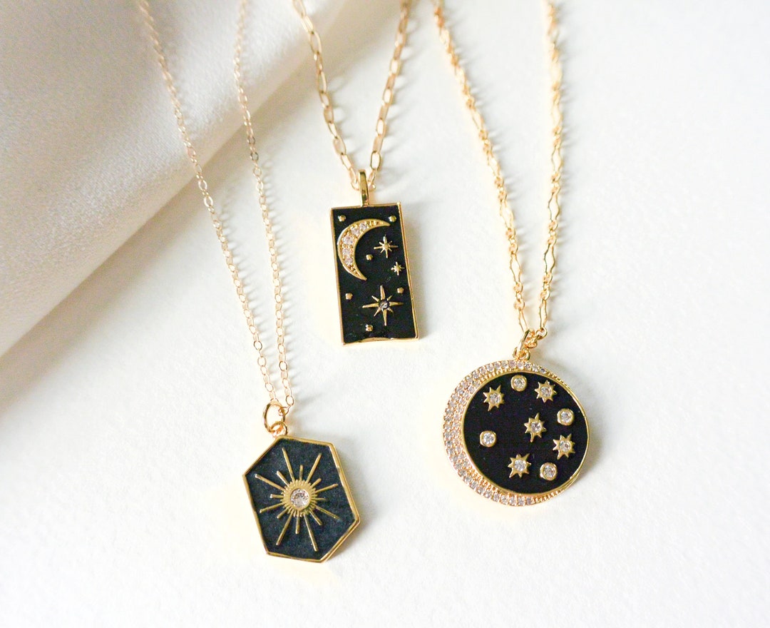 Celestial Gold Necklace, Black Enamel Jewelry, CZ Moon Necklace ...