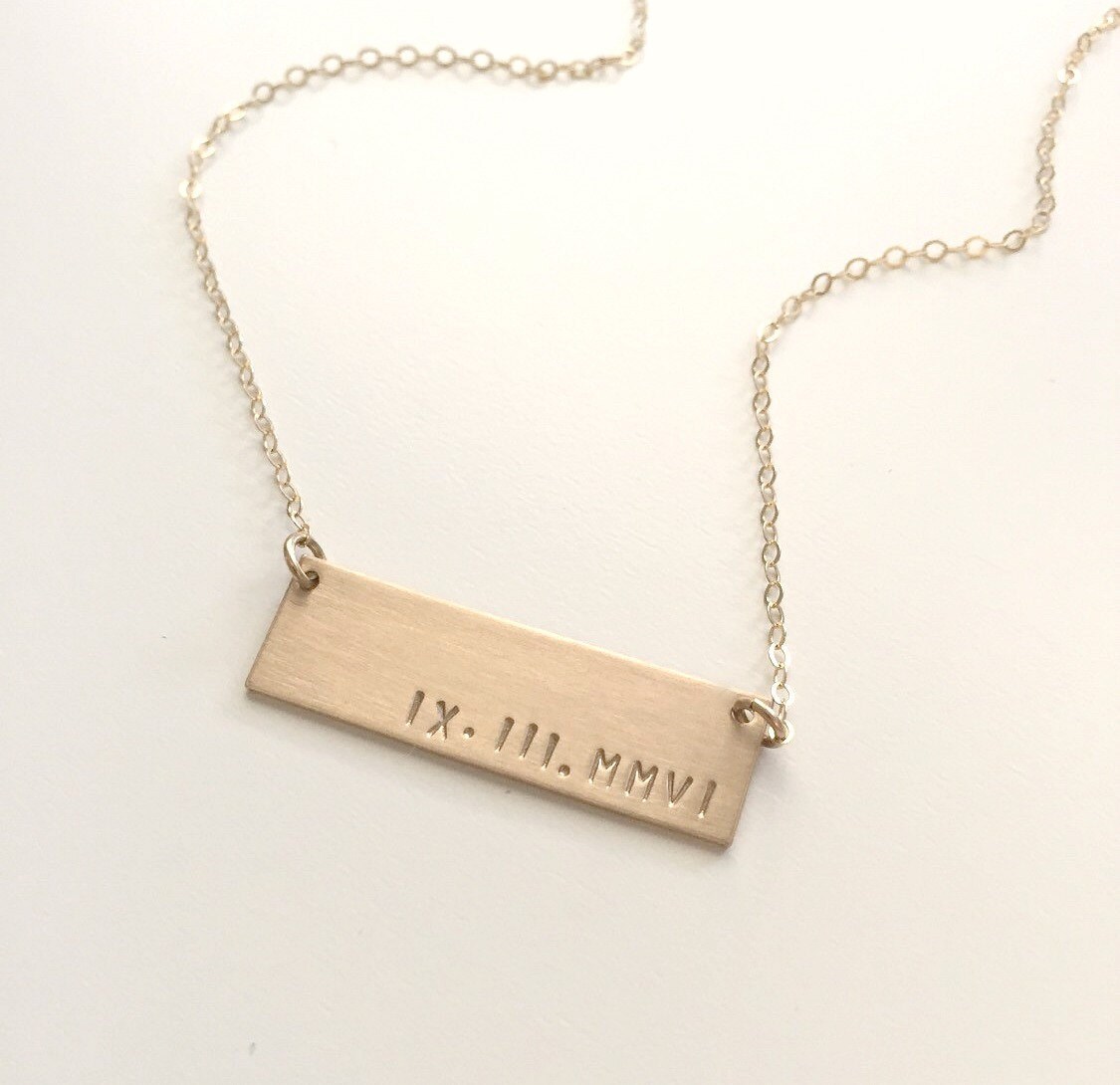 Custom Gold Bar Name Necklace Roman Numeral Date Bar - Etsy