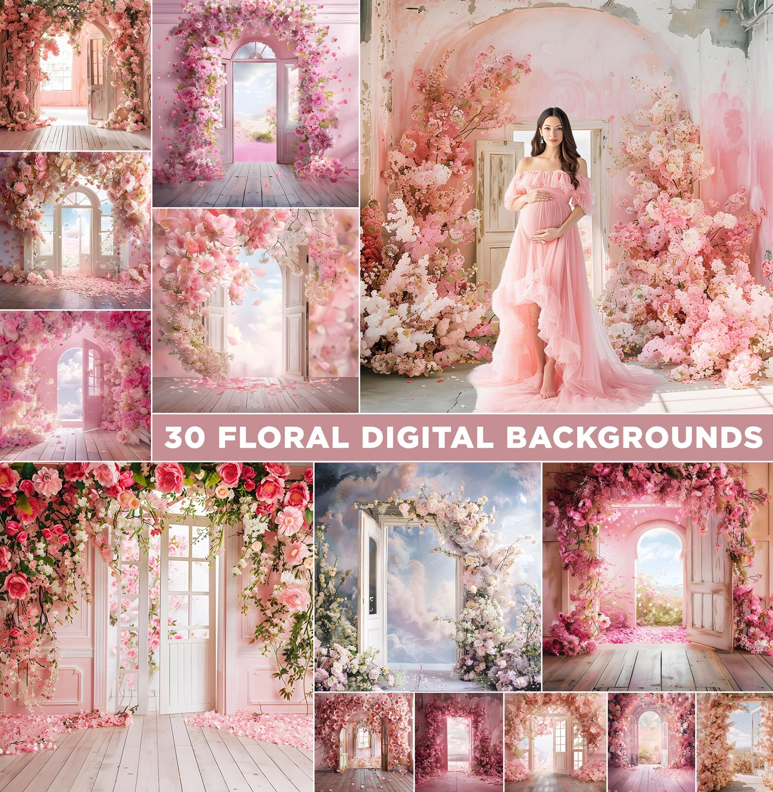 30 Floral Maternity Digital Backdrops: Pink Studio Photography ...