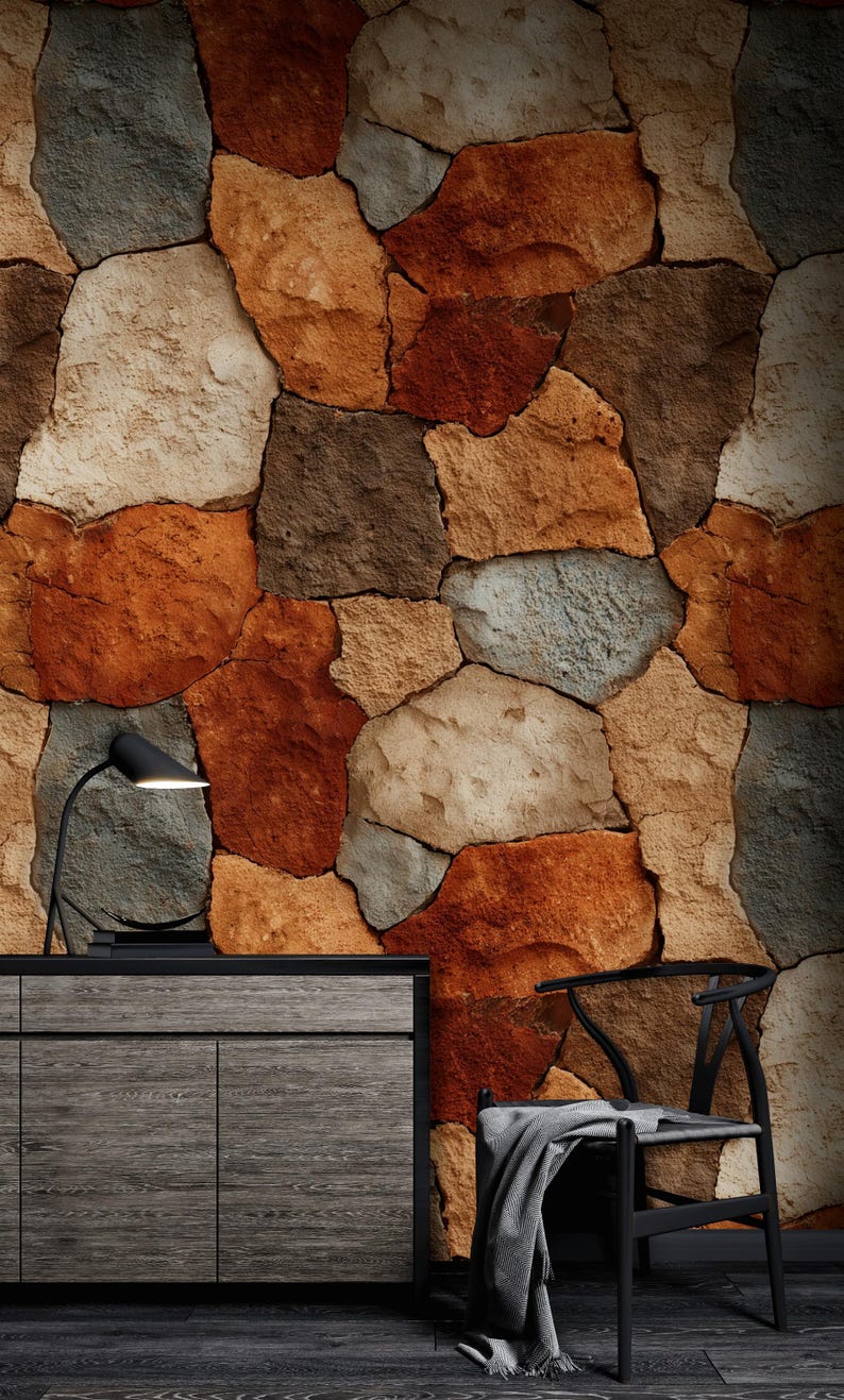 Rustic Stone Wall Wallpaper | Natural Stacked Rock Mural | Faux Stone ...