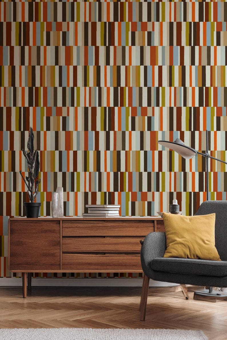 Mid-century Modern Wallpaper, Retro Color Blocks Vertical Stripe Mural ...